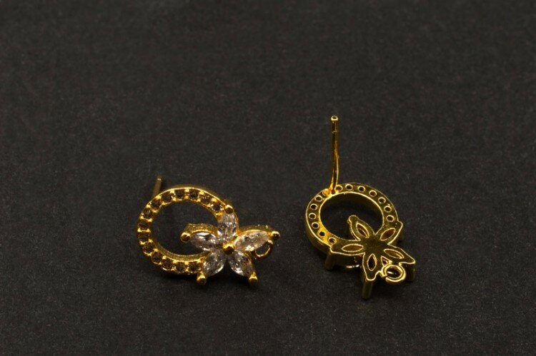 Гвоздики основы для серег 15х10х13х0,8мм, отверстие 1мм, цвет золото, латунь/цирконий, 21-264, 1 пара