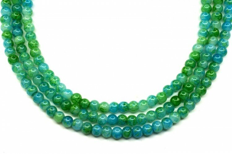 Бусина круглая с эффектом кракле, диаметр 4мм, отверстие 1мм, цвет зеленый/голубой мрамор, 550-125, 20шт