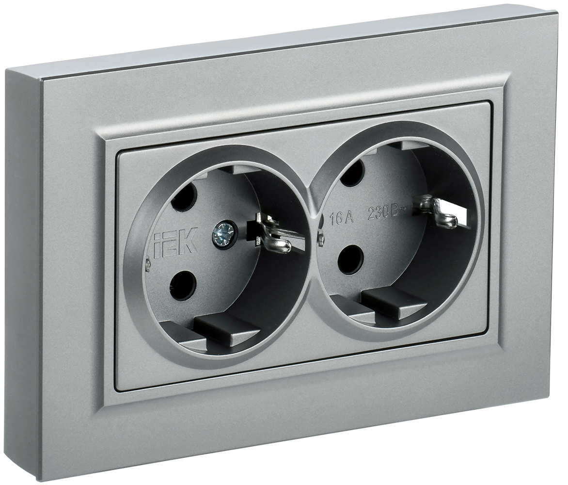 BRITE Розетка двухместная с заземлением с защитными шторками 16А в сборе РСш12-3-БрА алюминий IEK