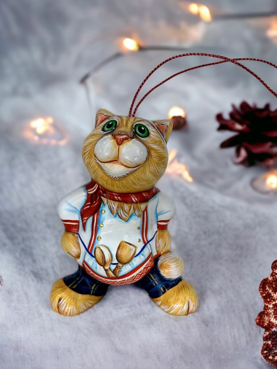 Елочная игрушка/статуэтка "Котик-повар" подарок на Новый год, фарфор, ручная роспись