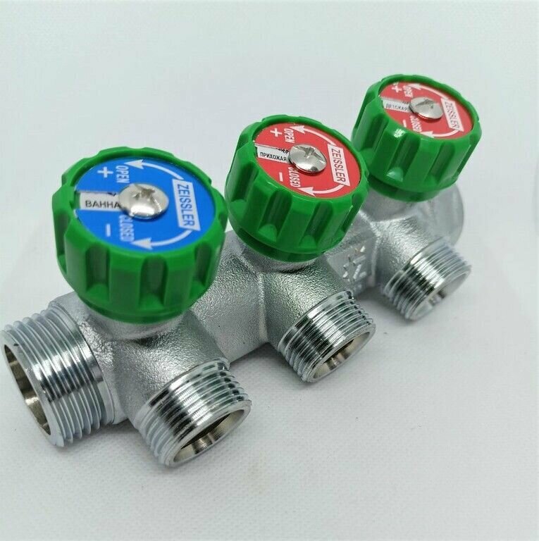 Коллектор вентильный под плоскую прокладку 90* 3/4х1/2 на 3 выхода Zeissler