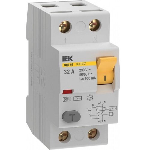 УЗО KARAT ВД3-63 2Р 32А 100мА 6кА тип АС, IEK MDV20-2-032-100 (1 шт.)