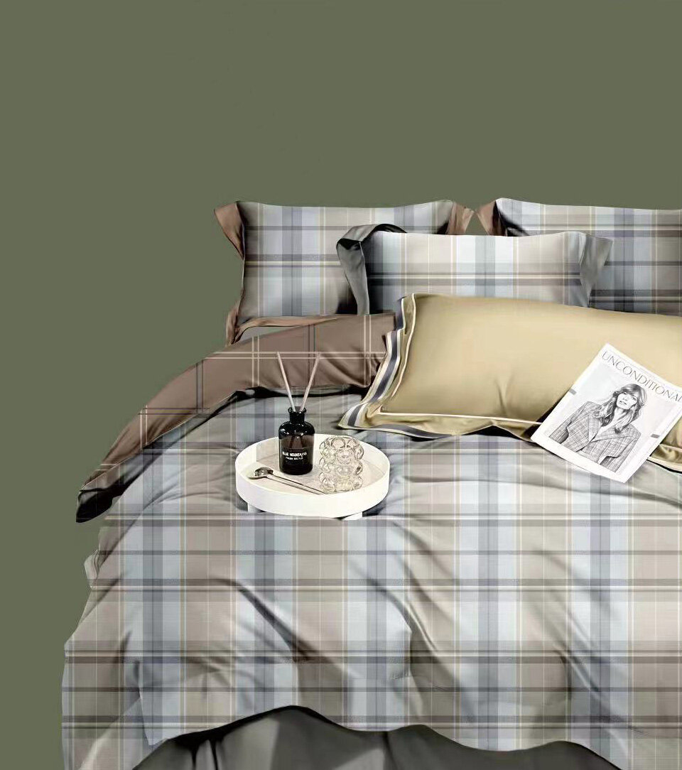 Комплект белья с простыней на резинке RS-086 Elin (серый-коричневый), 2,0 спальный (наволочки 70x70)