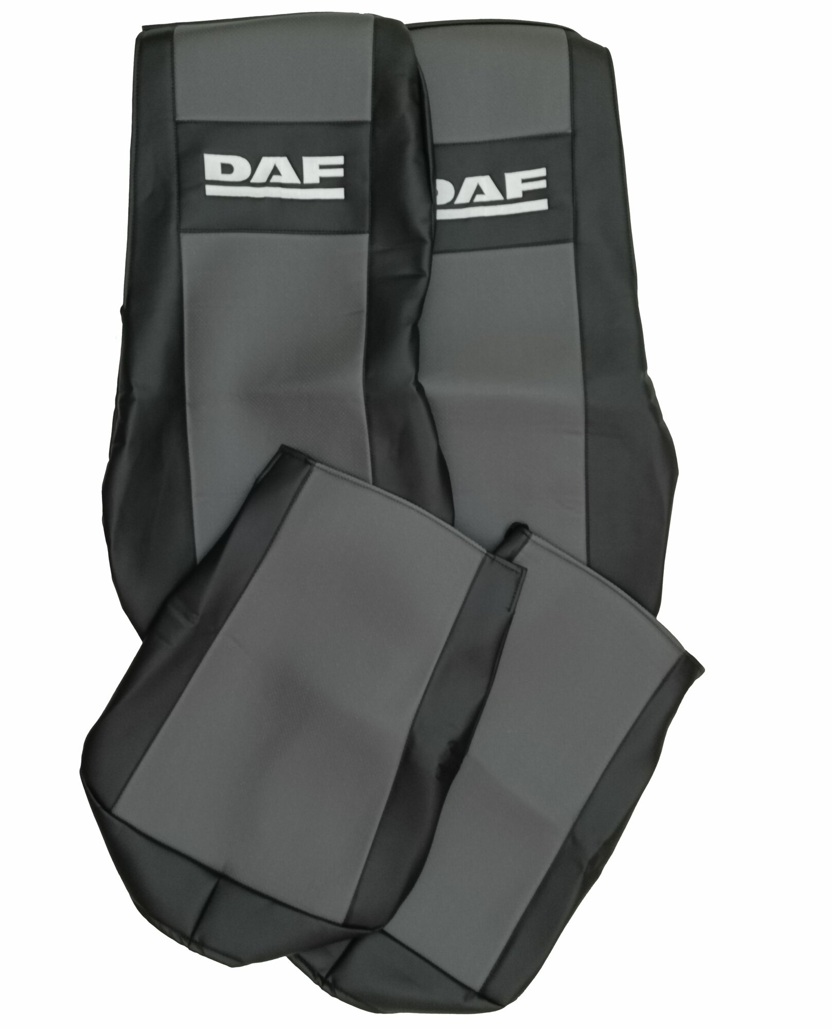 Чехлы на сиденья для грузовиков для DAF XF105 после 2012г. (2 ремня; 2 высоких сиденья). Ткань Экокожа. Вышивка. Сделано в России. (13252)