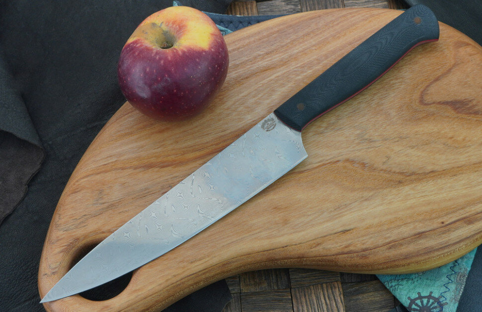 Товарищество Завьялова кухонный нож Шеф средний Н-57, клинок дамаск Зладинокс, рукоять G-10