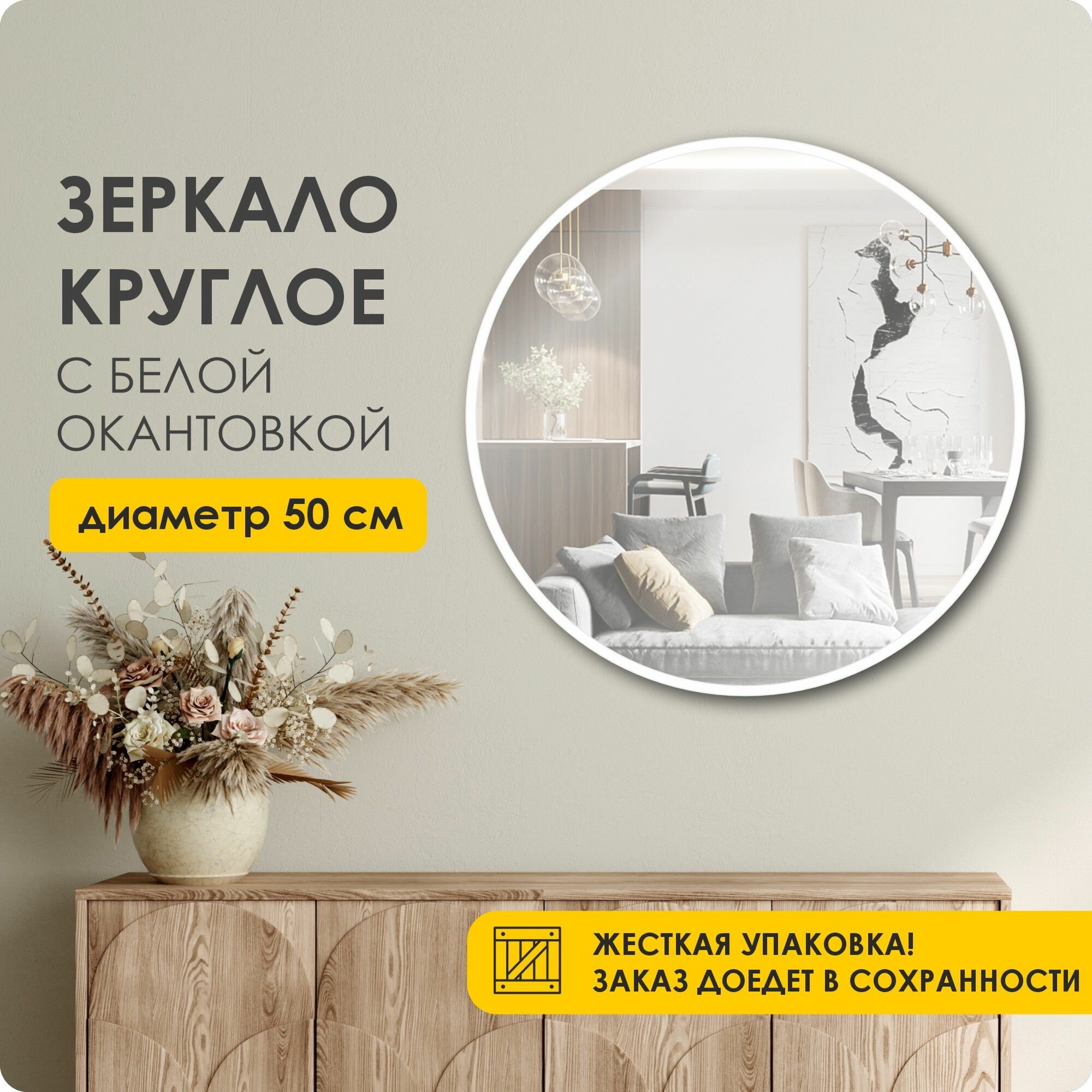 Зеркало настенное, интерьерное, круглое 50*50 см белая рама