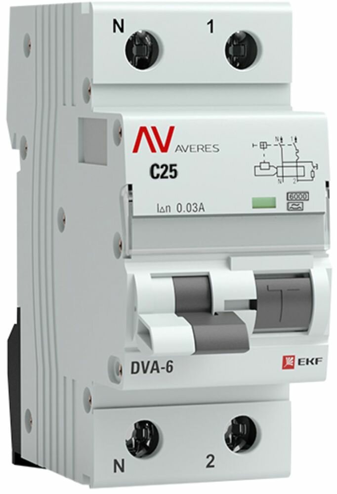 Дифференциальный автомат EKF Averes DVA-6 1P N C25 A 30 мА 6 кА AC rcbo6-1pn-25C-30-ac-av