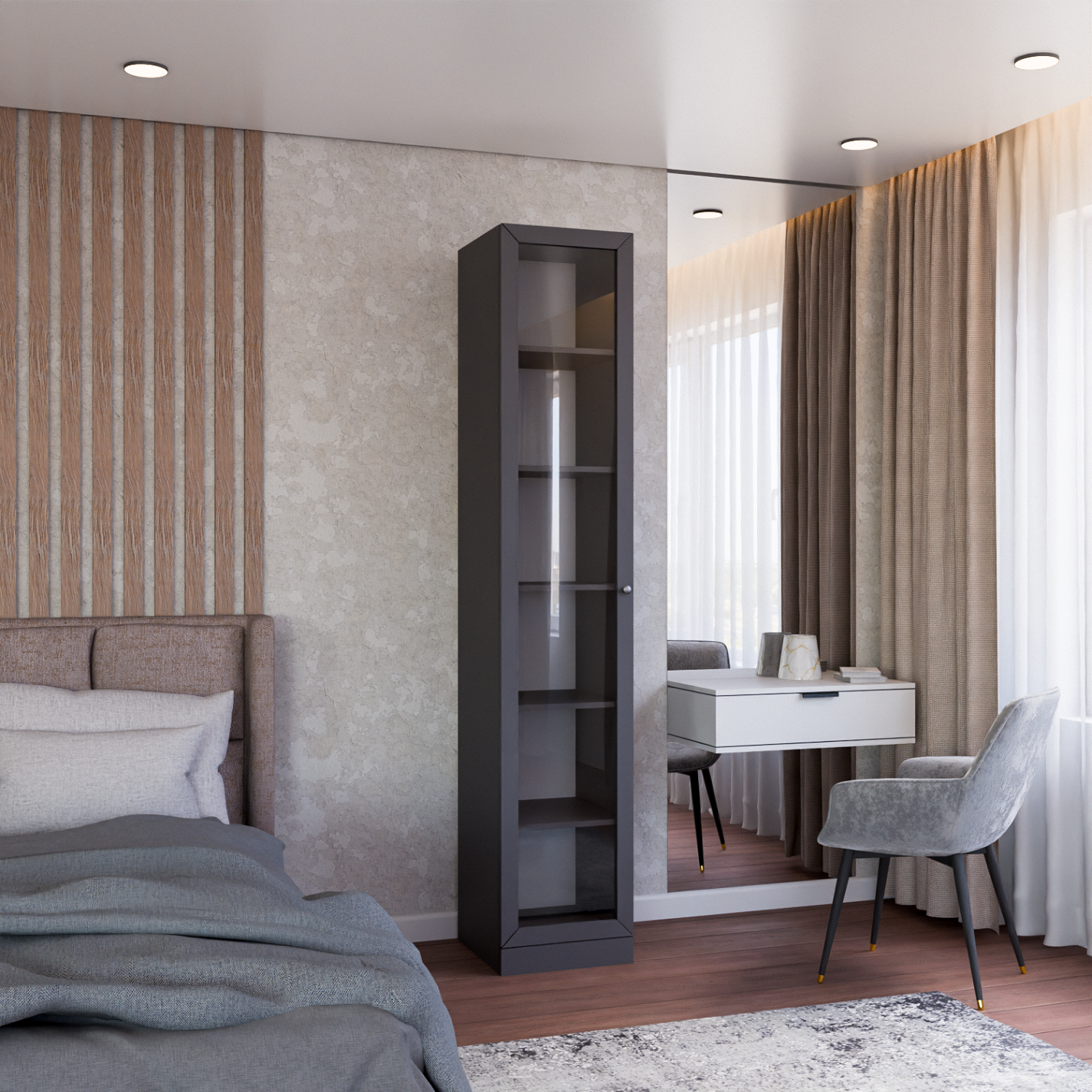 Книжная витрина - пенал Азалия - 1 | Корпус ЛДСП Графит | Рамочный профиль Графит | Стекло прозрачное