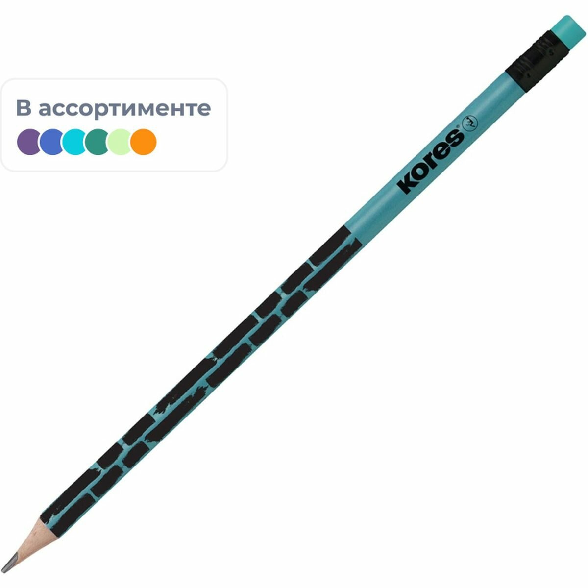 Карандаш чернографитный Kores (НB, заточенный, с ластиком, 3гр), 6шт.