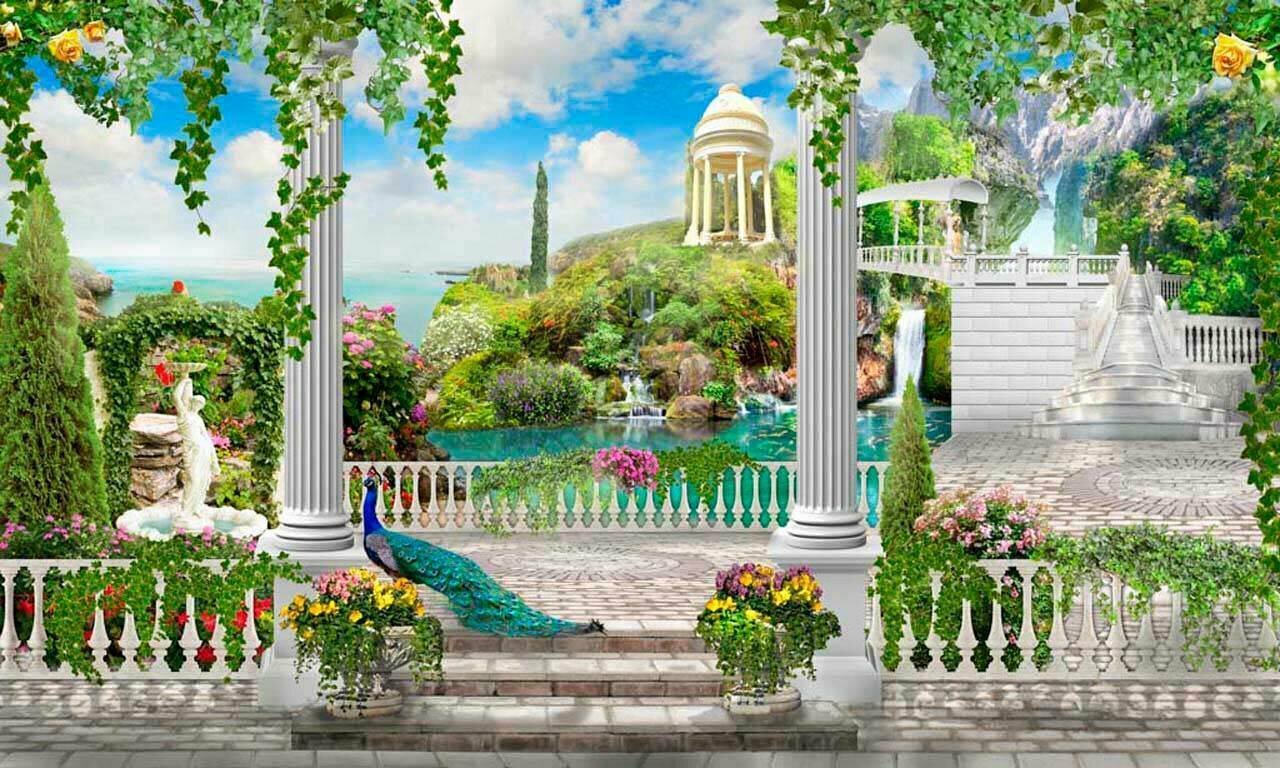 Фотообои Терраса с колоннами в красивом парке 7-084-S-Флок 270 x 200 см (ВхШ) Бесшовные, флизелиновые, влагостойкие обои MasterFresok