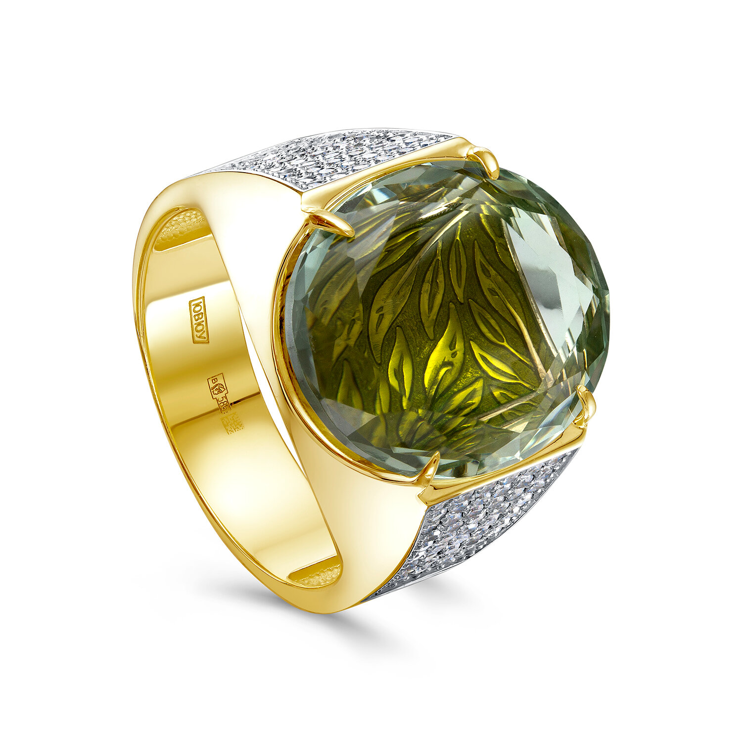 Кольцо, желтое золото, 585 проба, бриллиант, празиолит