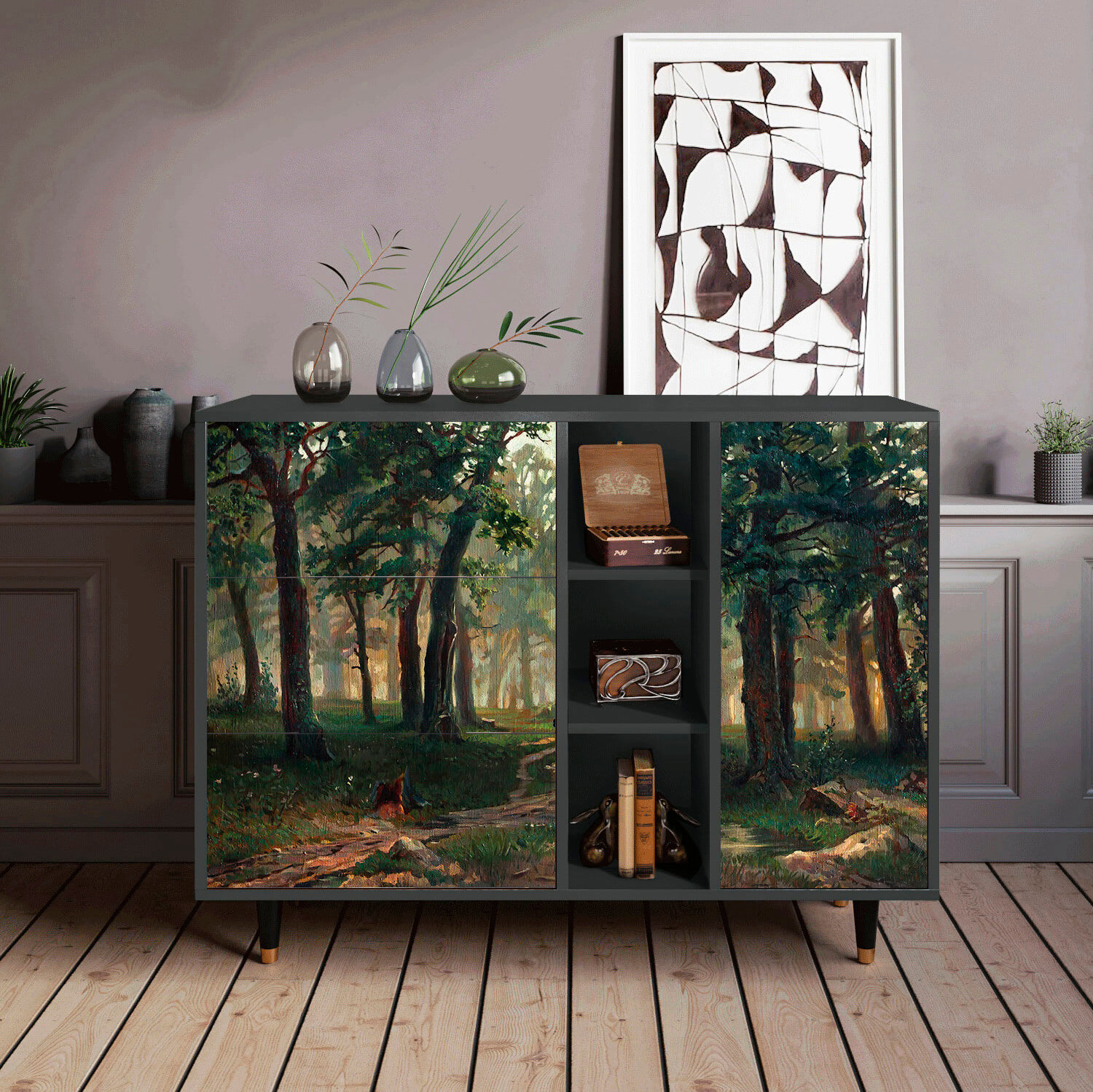 Комод - STORYZ - BS2 Rain in the Oak Forest by Ivan Shishkin, Разер - 125 x 97 x 48 см , Цвет корпуса - Антрацит