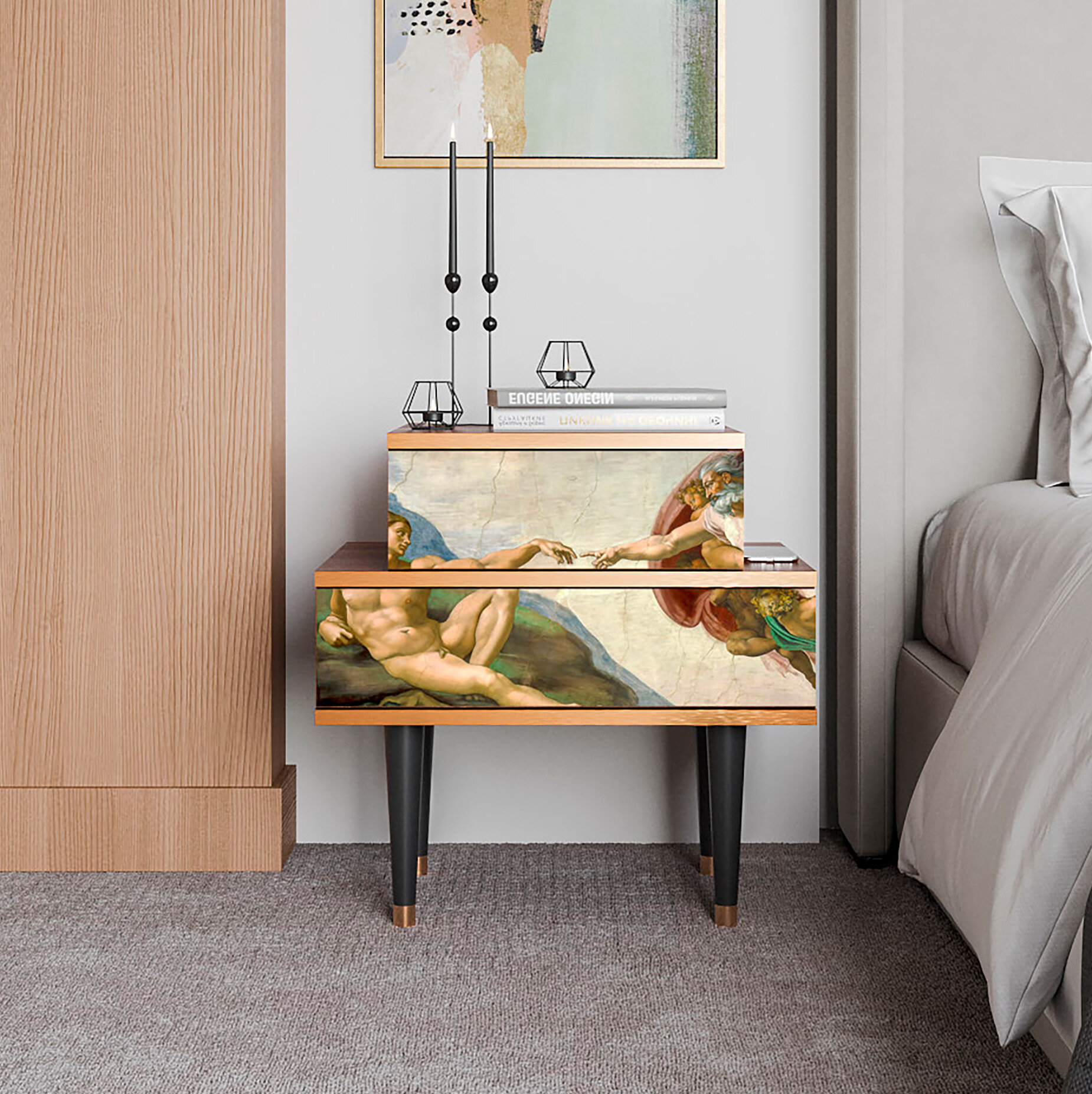Прикроватная тумба - STORYZ - NS1 The Creation of Adam by Michelangelo, Размер - 58 x 58 x 41 см, Цвет корпуса - , Орех