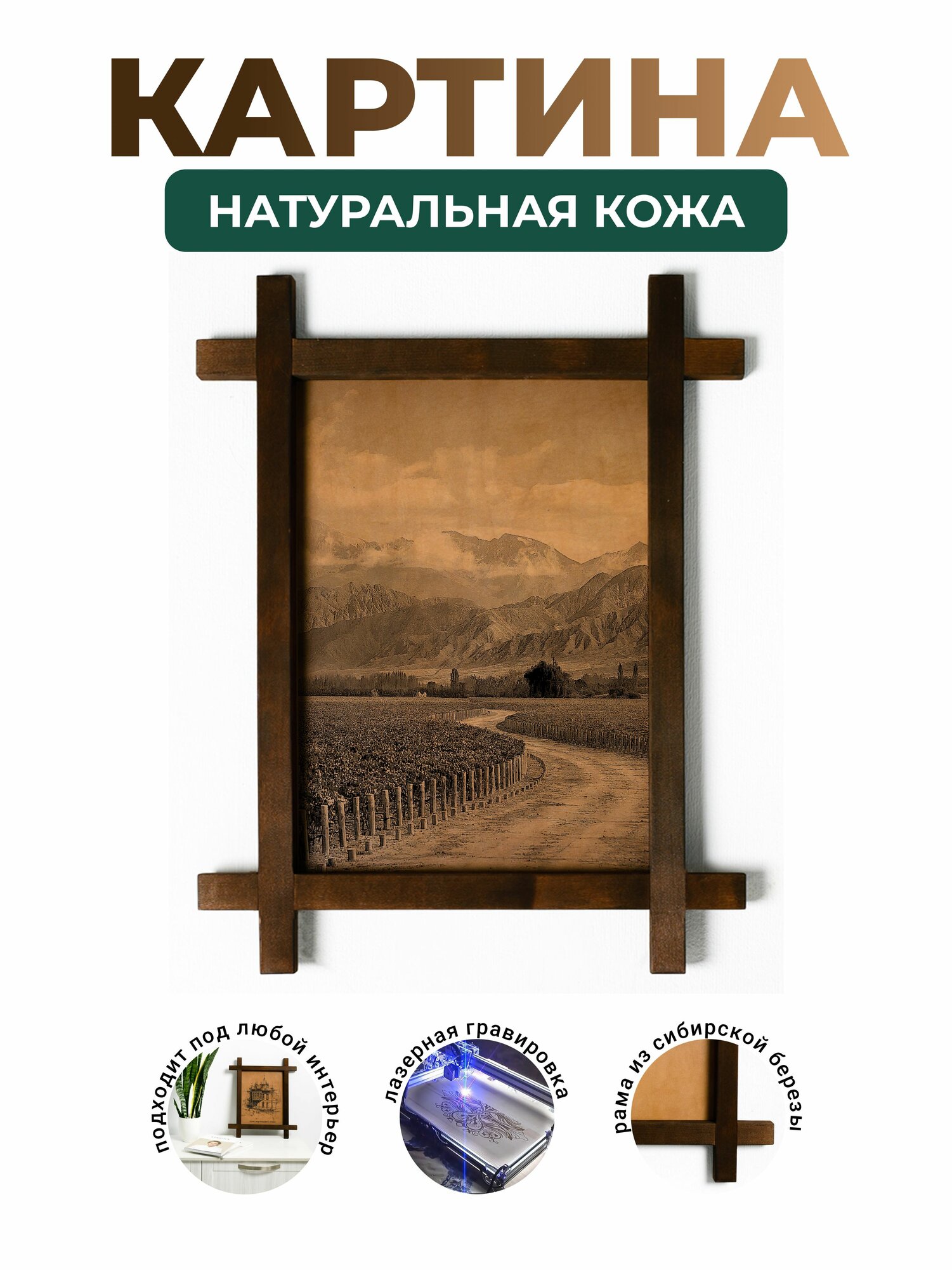 Картина интерьерная, натуральная кожа, "Мендоса, Аргентина", в деревянной раме, BoomGift
