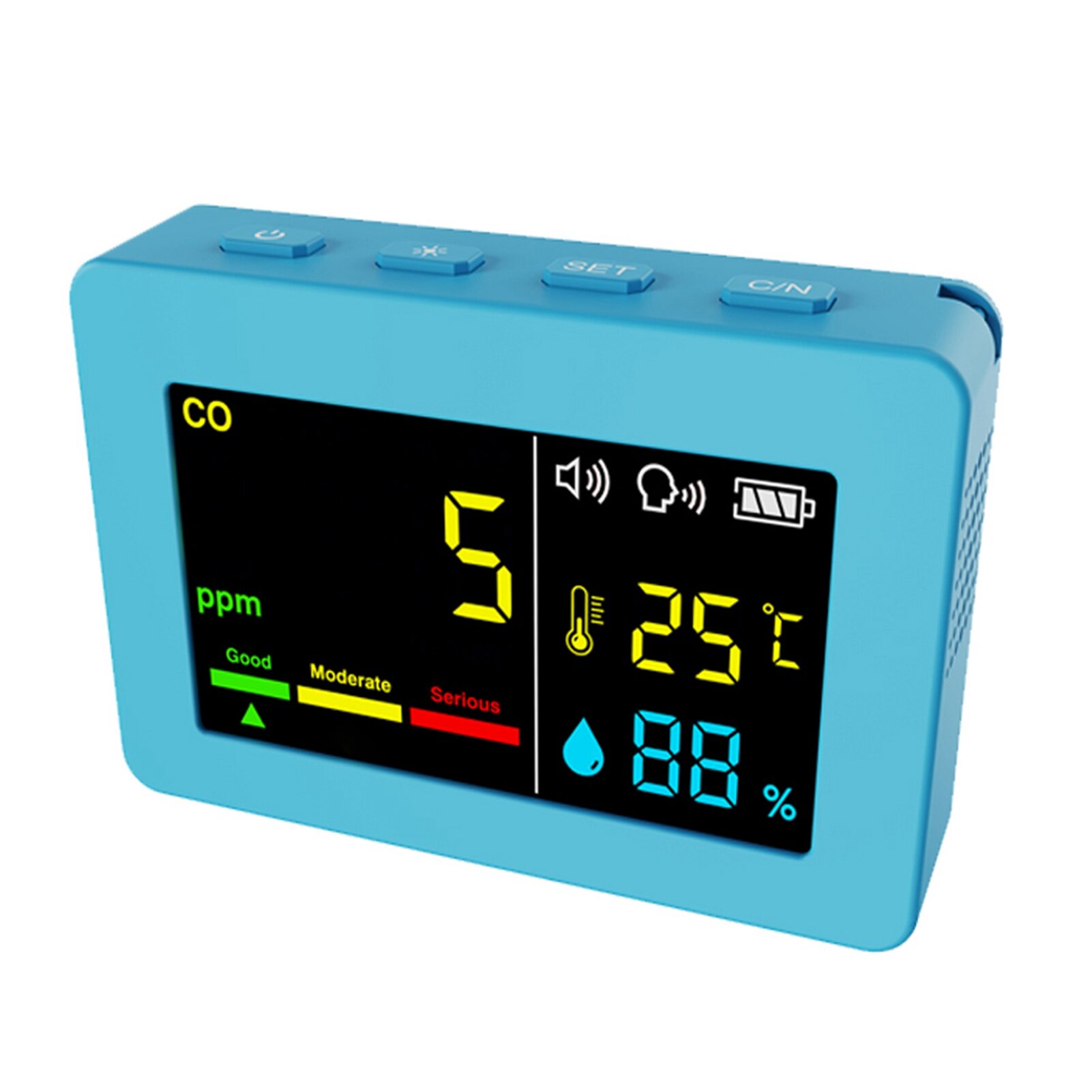 Портативный прибор для измерения качества воздуха 3-в-1: датчик угарного газа, температуры и влажности, цветной экран, детектор угарного газа с голосовой сигнализацией и отображением количества выработанного тока.