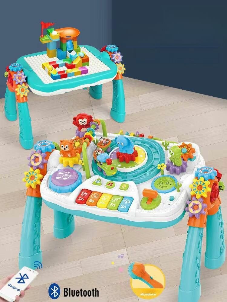 Детский развивающий музыкальный столик для детей с пианино, барабаном, паровозом, бизиборд с Bluetooth, конструктор
