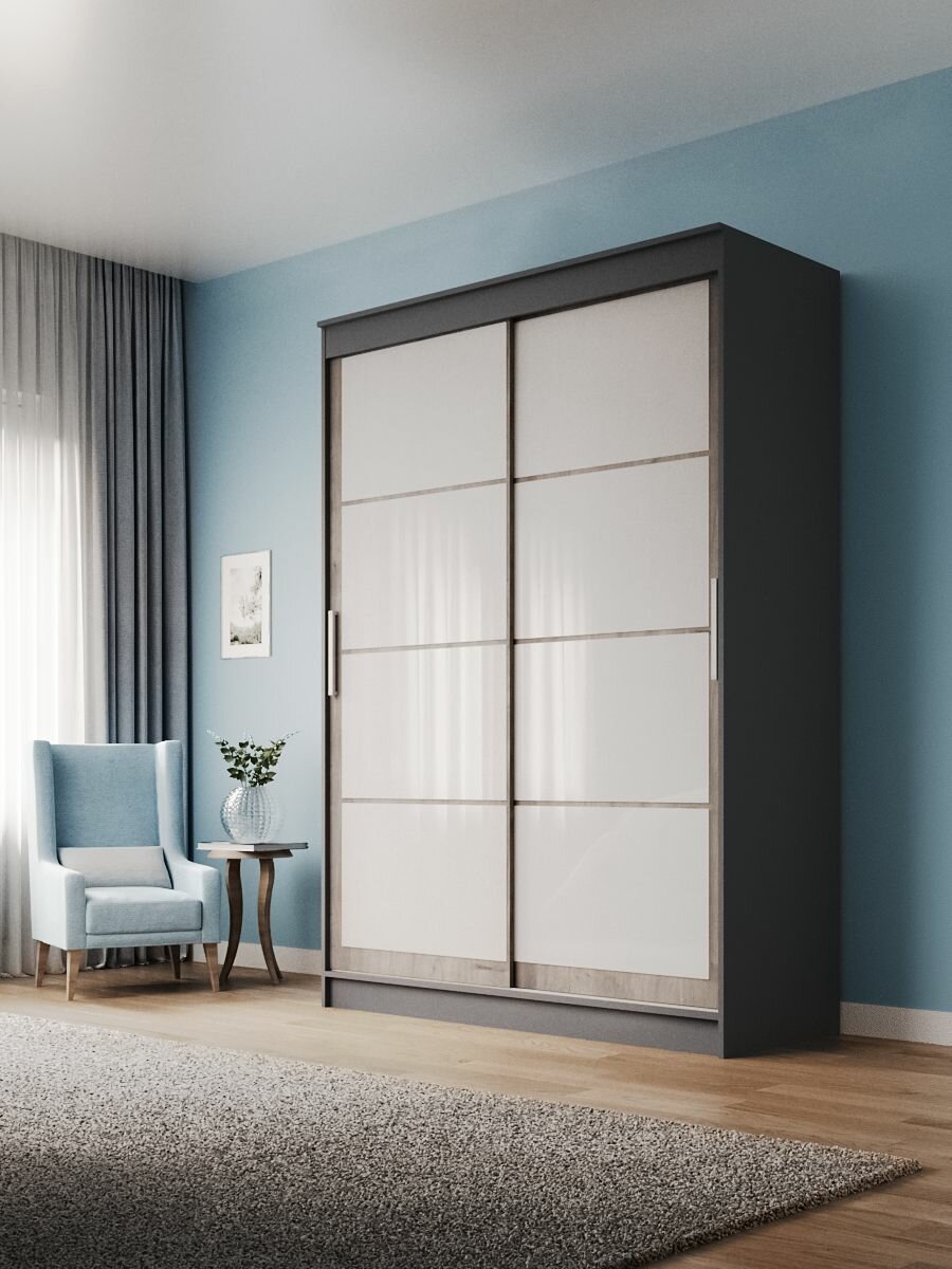 Шкаф-купе Гранд 1,6 Графит/Дуб гор. Лак. Бел.+Дуб гор. Лак. Бел. ЛДСП, с ящиками, полками штангой для дома 1602х2200х615 мебельный РАЙ