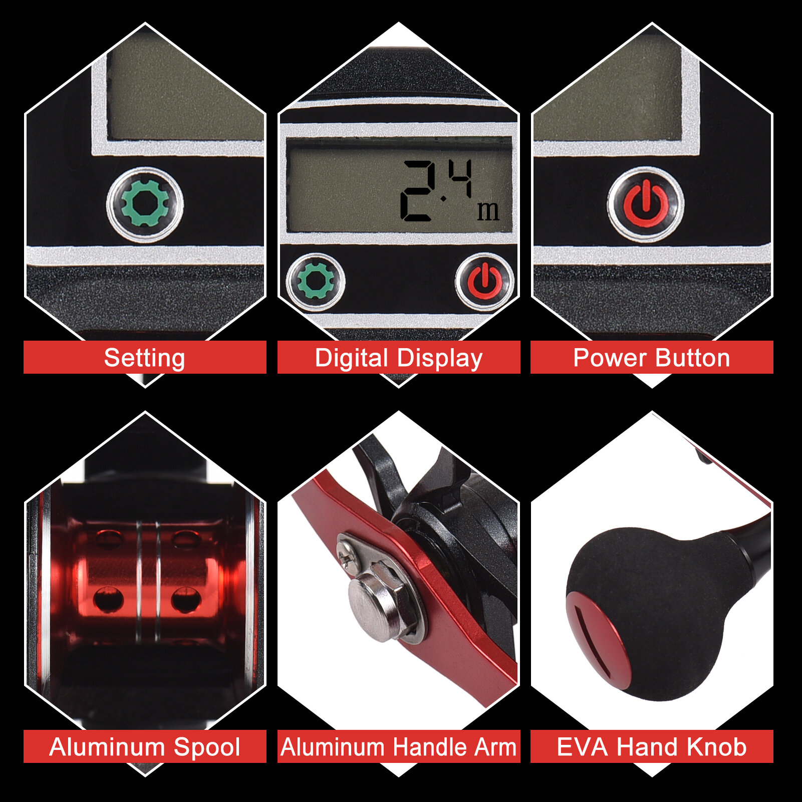 Рыболовная катушка с цифровым счетчиком лески, 16+1 шарикоподшипников, 6.3:1, левая/правая