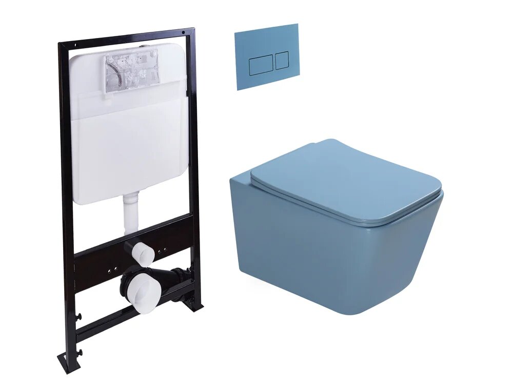 Комплект Унитаз подвесной SantiLine SL-5007BL безободковый, с микролифтом, голубой матовый / Инсталляция SantiLine SL-01 с кнопкой смыва голубой матовой