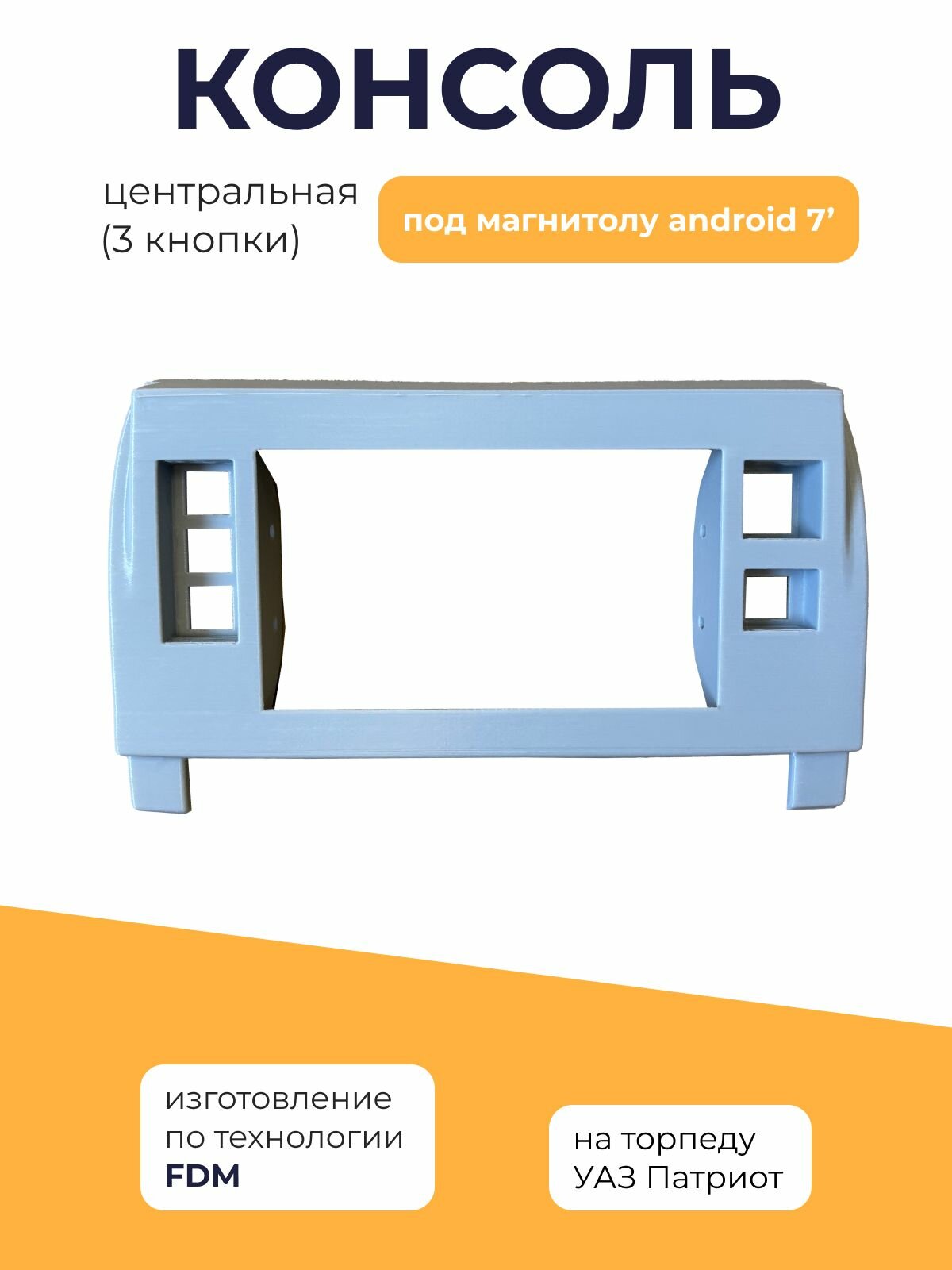 Консоль для УАЗ Патриот под магнитолу Android 7 дюймов, 3 кнопки, серый, панель под покраску