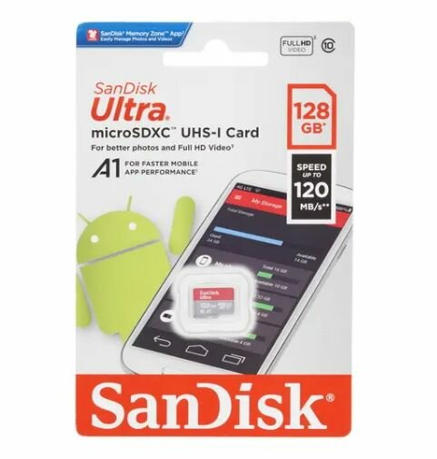 Карта памяти SanDisk Ultra microSDXC 128 ГБ (SDSQUA4-128G-GN6MN) - A1, Class 10, UHS Class 1, чтение - 120 Мбайт/сек