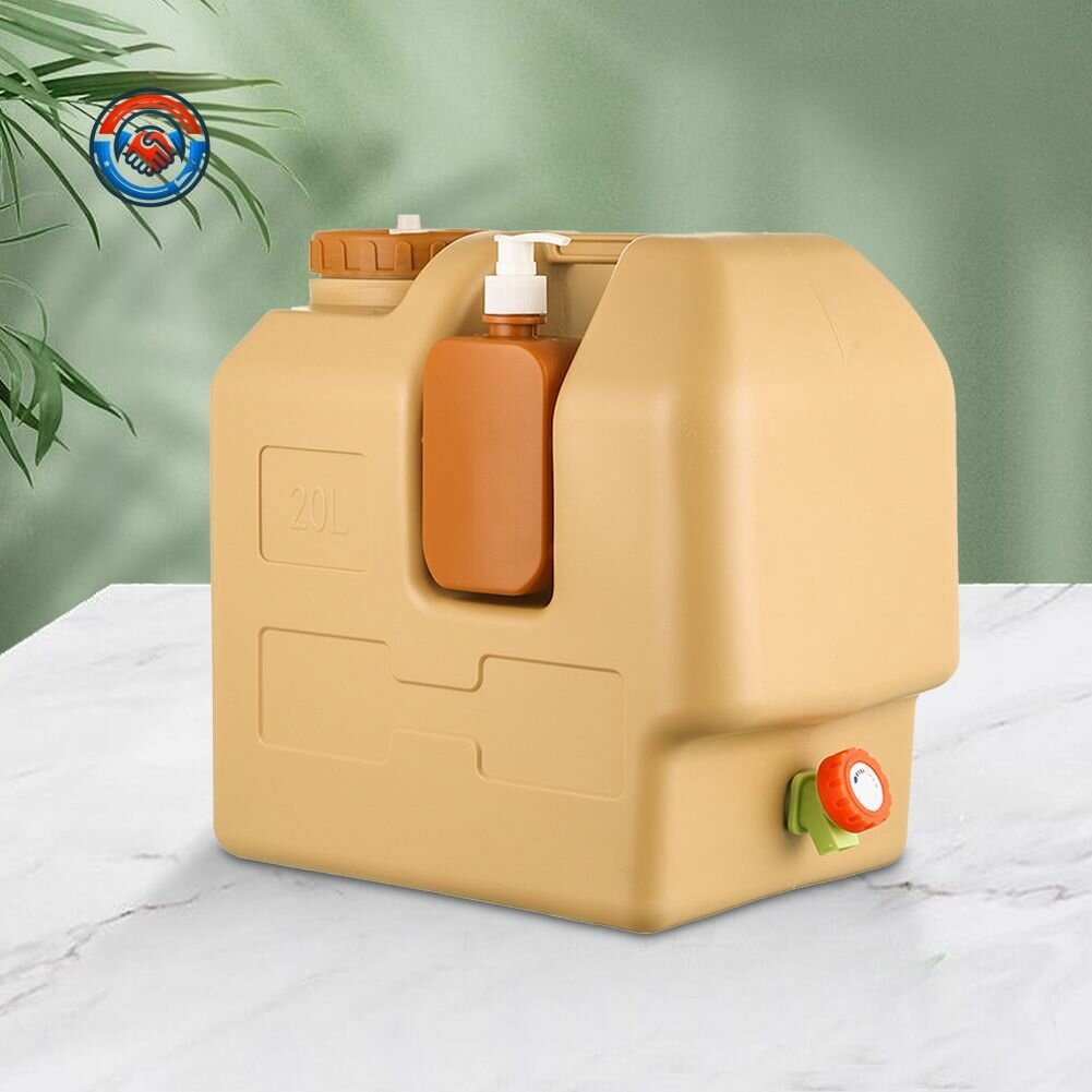 Канистра для воды 20 л с краном и дозатором мыла, пищевой полиэтилен без BPA, желтая большая бутыль для кемпинга, дачи и пикника, широкое горлышко 10 см