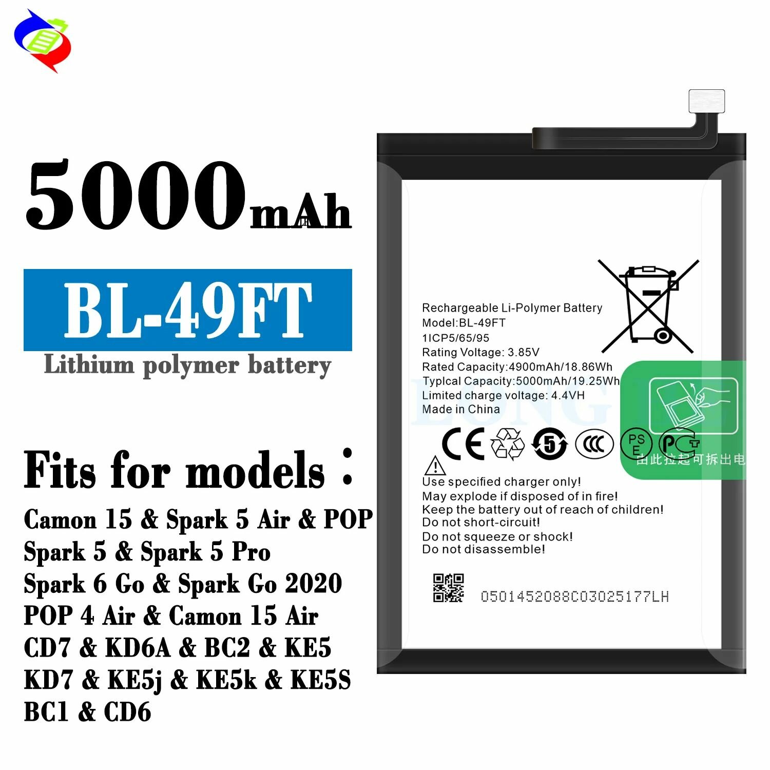 АКБ (аккумулятор, батарейка) BL-49FT для Tecno Spark Go 2022 (KG5, KG5h) 5000 mAh премиум