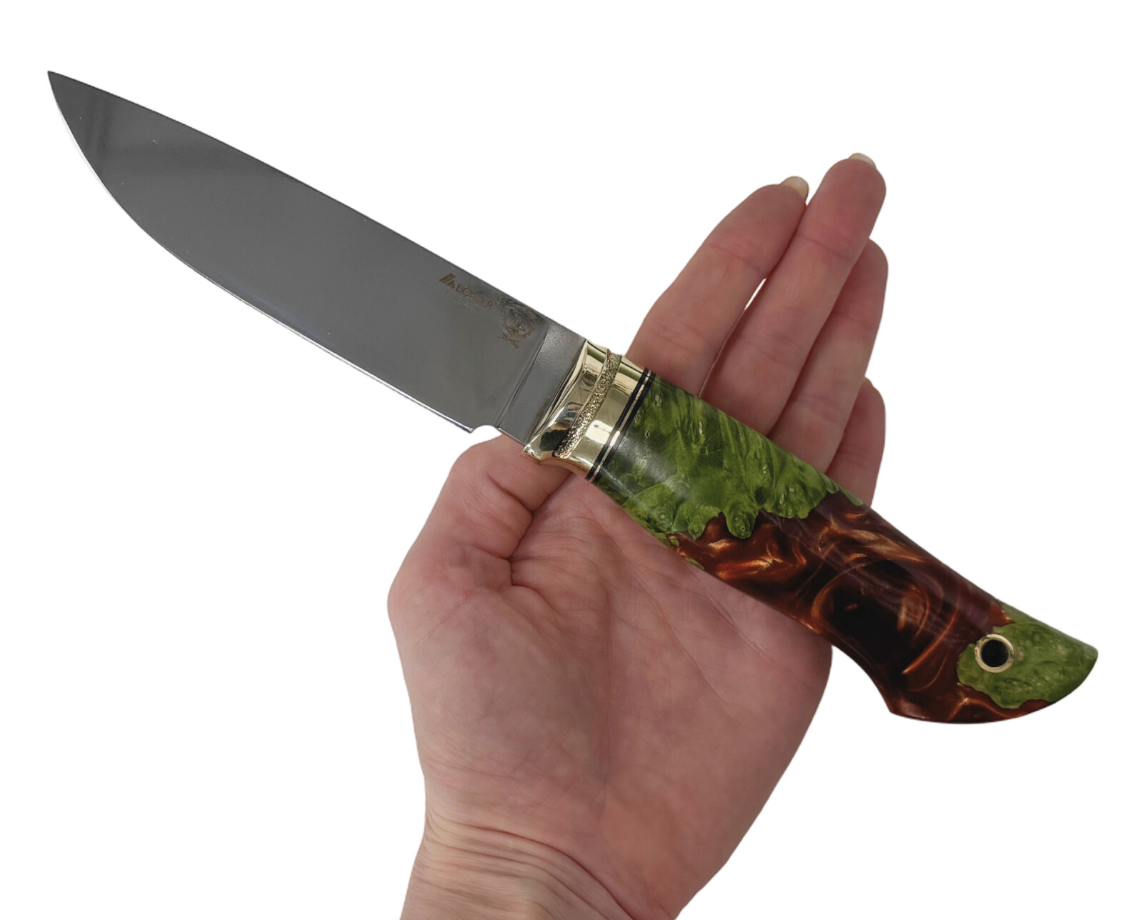 Нож Соболь, Bohler K340, рукоять гибрид, кап. клена и акрил, зеленый