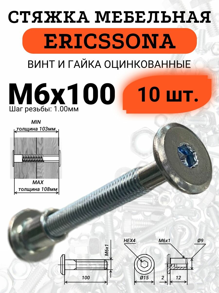 Стяжка мебельная 6х100, в комплекте винт и гайка ERICSSONA, 10 шт.