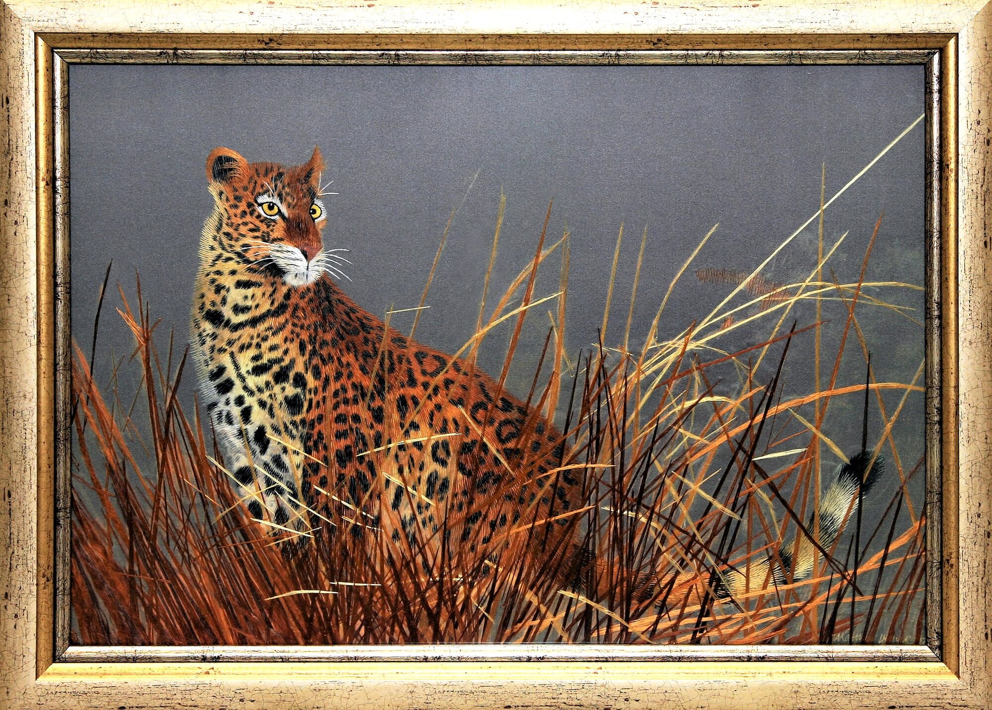 Декоративная настенная картина Живой Шелк Леопард в камышах, вышивка шелком ручная с 3Dэффектом/см 50х70х3/в багете
