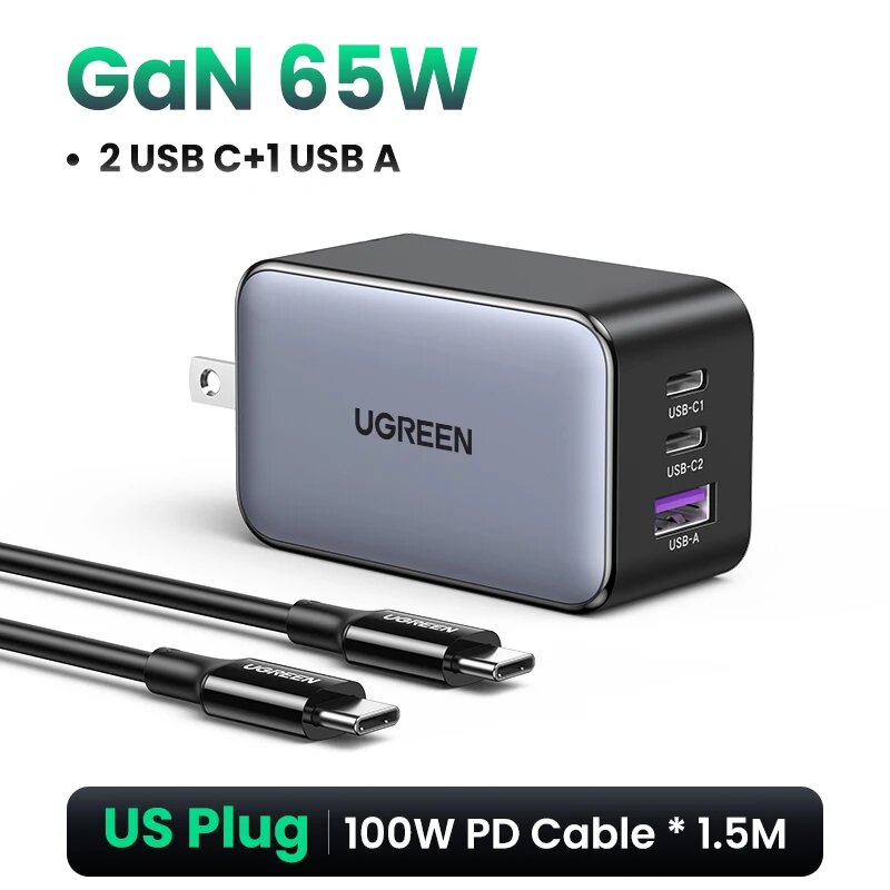 UGREEN 65W GaN зарядное устройство US Plug с кабелем 1.5м