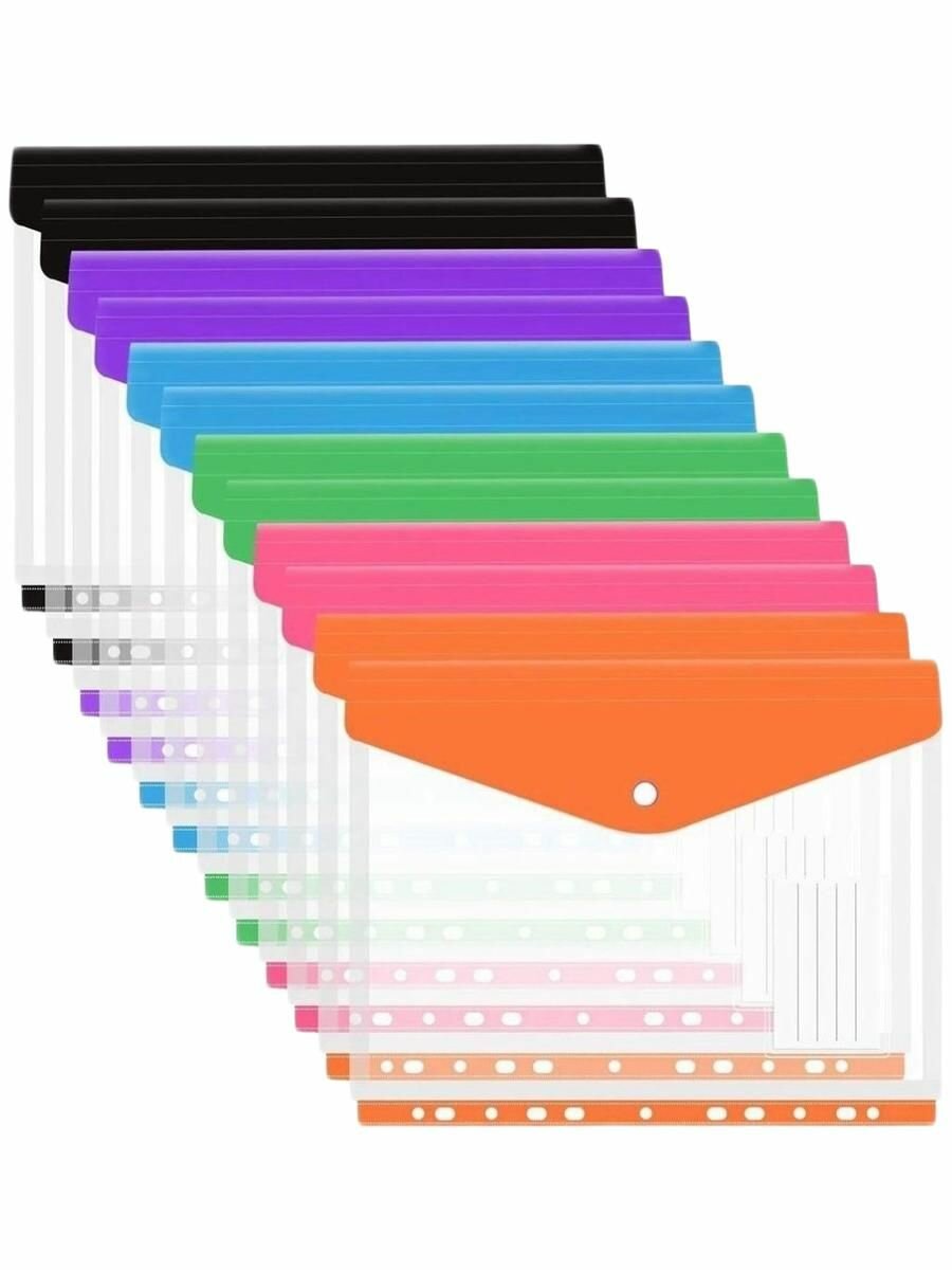 12 шт. конвертов-расширителей формата А4 из прозрачного пластика для папок-скоросшивателей на кольцах, кнопка
