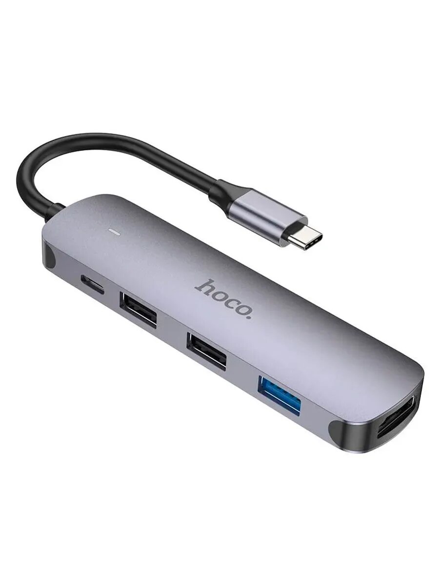 Адаптер-хаб Hoco HB27 (Type-C to HDMI+USB3.0+USB2.0*2+PD), серый металлик / переходник для макбука