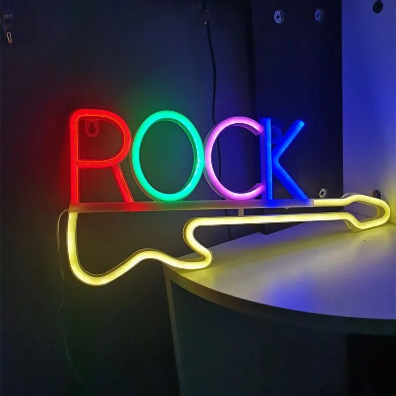 Неоновый светильник в виде гитары ROCK, 43*21 см, для декора комнаты, питание от USB, разноцветный — фото 1