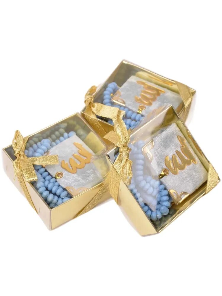 Подарочный набор с мини-Кораном голубого цвета и чётками в золотой коробке Исламский подарок на мевлют, никах и Ураза-байрам