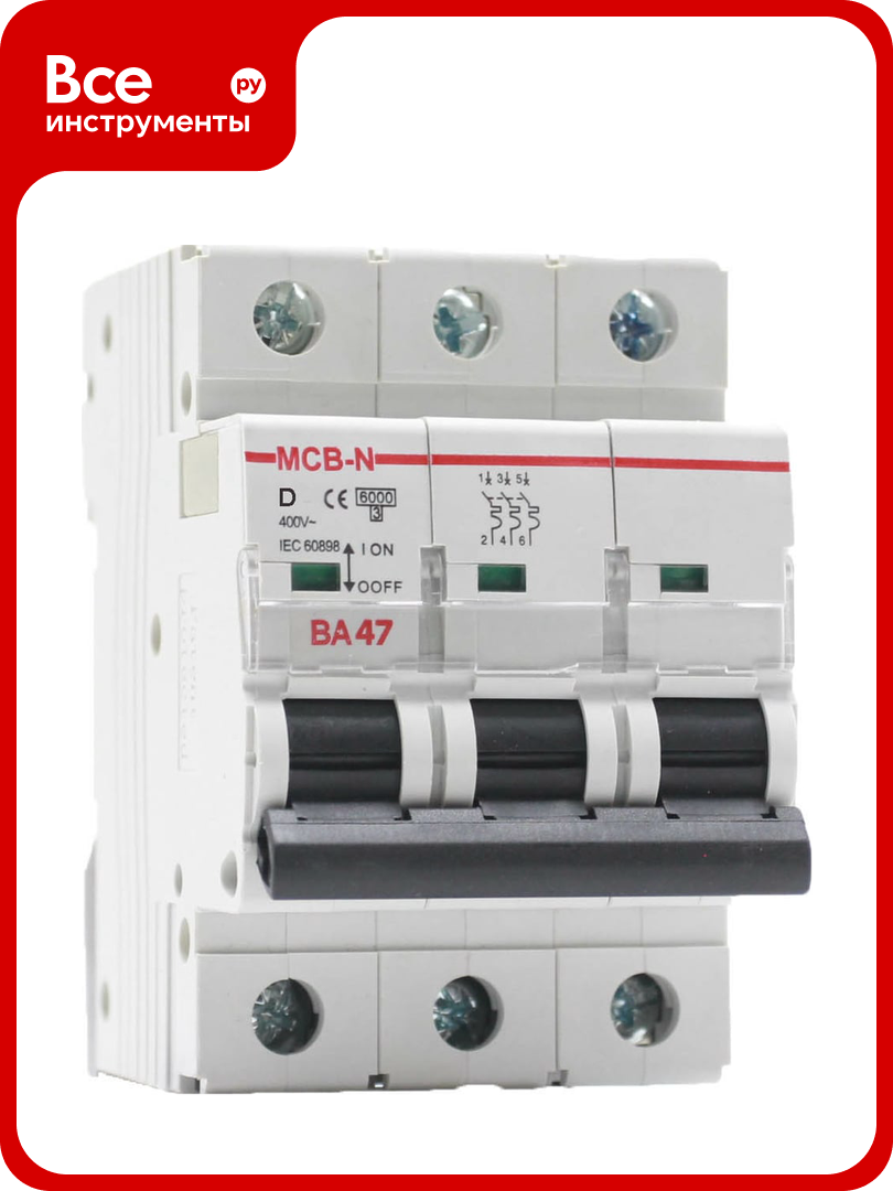 Автоматический выключатель AKEL ВА47-MCB-N-3P-D32-AC 400205, модульный тип, защита от пыли, монтаж на DIN‑рейку