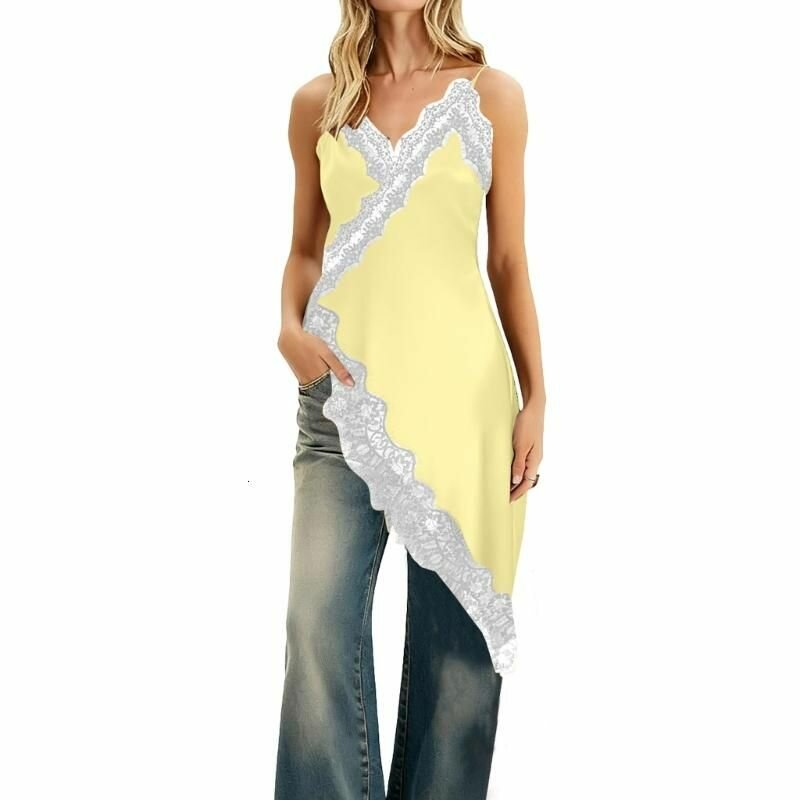 Женский кружевной топ с V-образным вырезом, Светло - желтый - XS