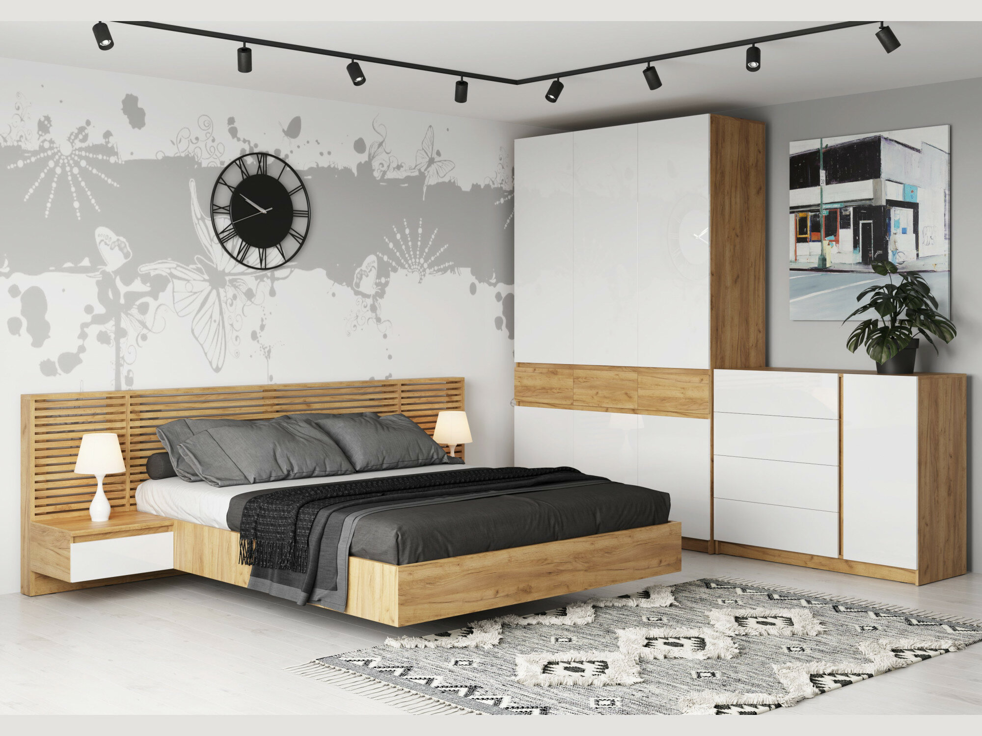 Спальный гарнитур МДФ (шкаф, кровать, комод), крафт золотой/белый глянец