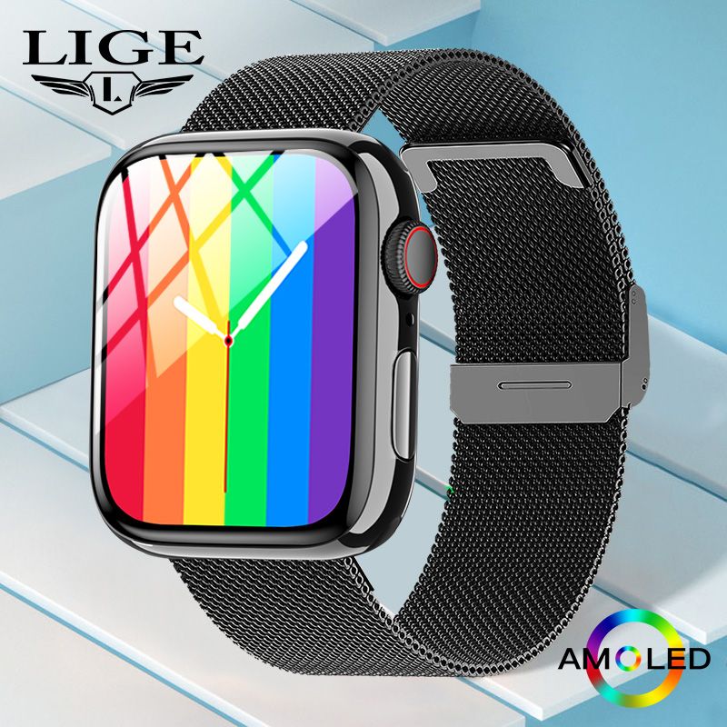 LIGE Смарт-часы мужские, женские с влагозащитой/Для Apple и Android/часы смарт AMOLED дисплей Функция мониторинга состояния здоровья и совершения звонков по Bluetooth, 47mm, Черная сетчатая лента + черная силиконовая лента