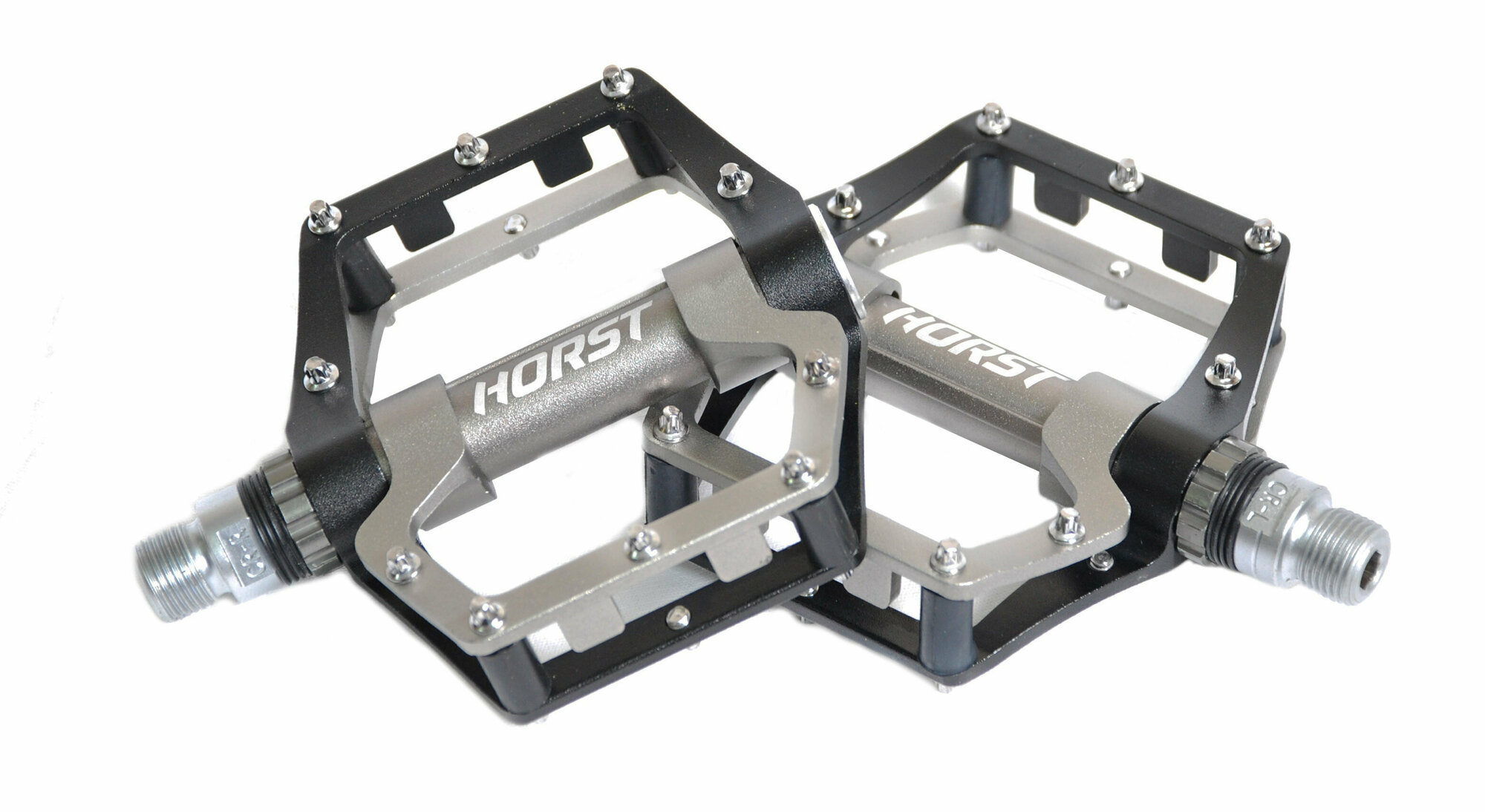 Педали для велосипеда алюминиевые H18 ось Cr-Mo 1-м герметичным промподшипником сменными шипами, двухкомпонентные 100*90*23мм, 385 г черно-серые HORST