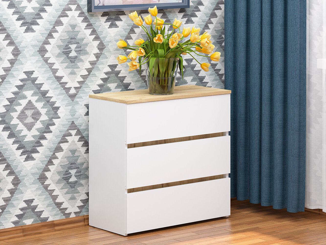 Комод МК "Пирамида" К-27, 3 ящика, цвет белый/крафт золотой, 68,5Х70х33 см