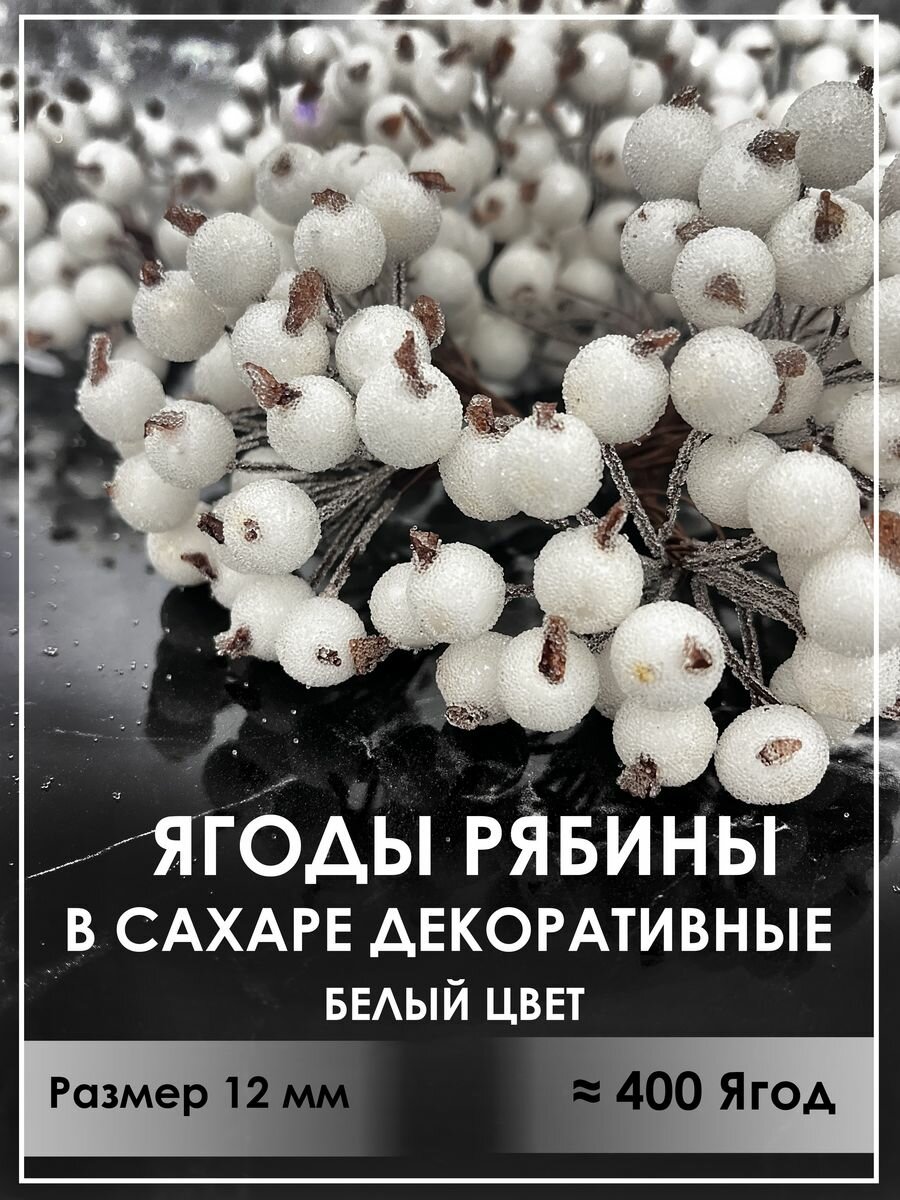 Ягоды рябины декоративные белые в сахаре на ветке искусственные украшения на елку новый год для декора веточка