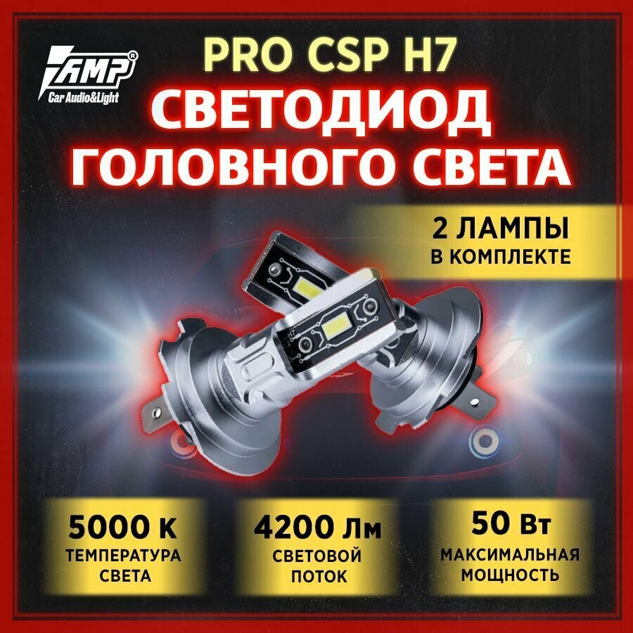Светодиодная автомобильная лампа AMP PRO CSP H7 2 Шт 50 Вт, 5000К