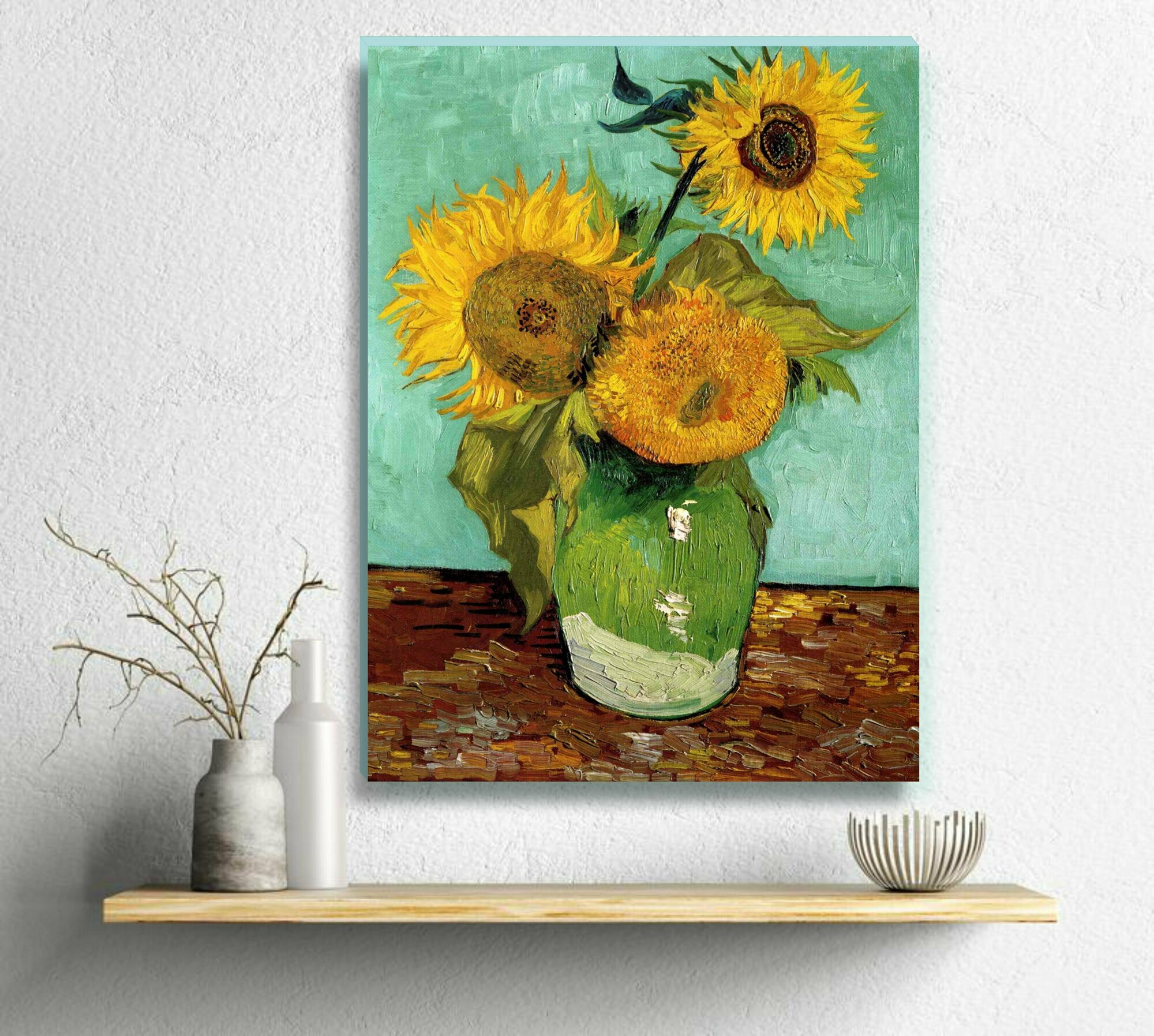 Картина на натуральном холсте (репродукция) Винсент Ван Гог "подсолнухи. Три подсолнуха в вазе" 30х40см / картина для интерьера дома