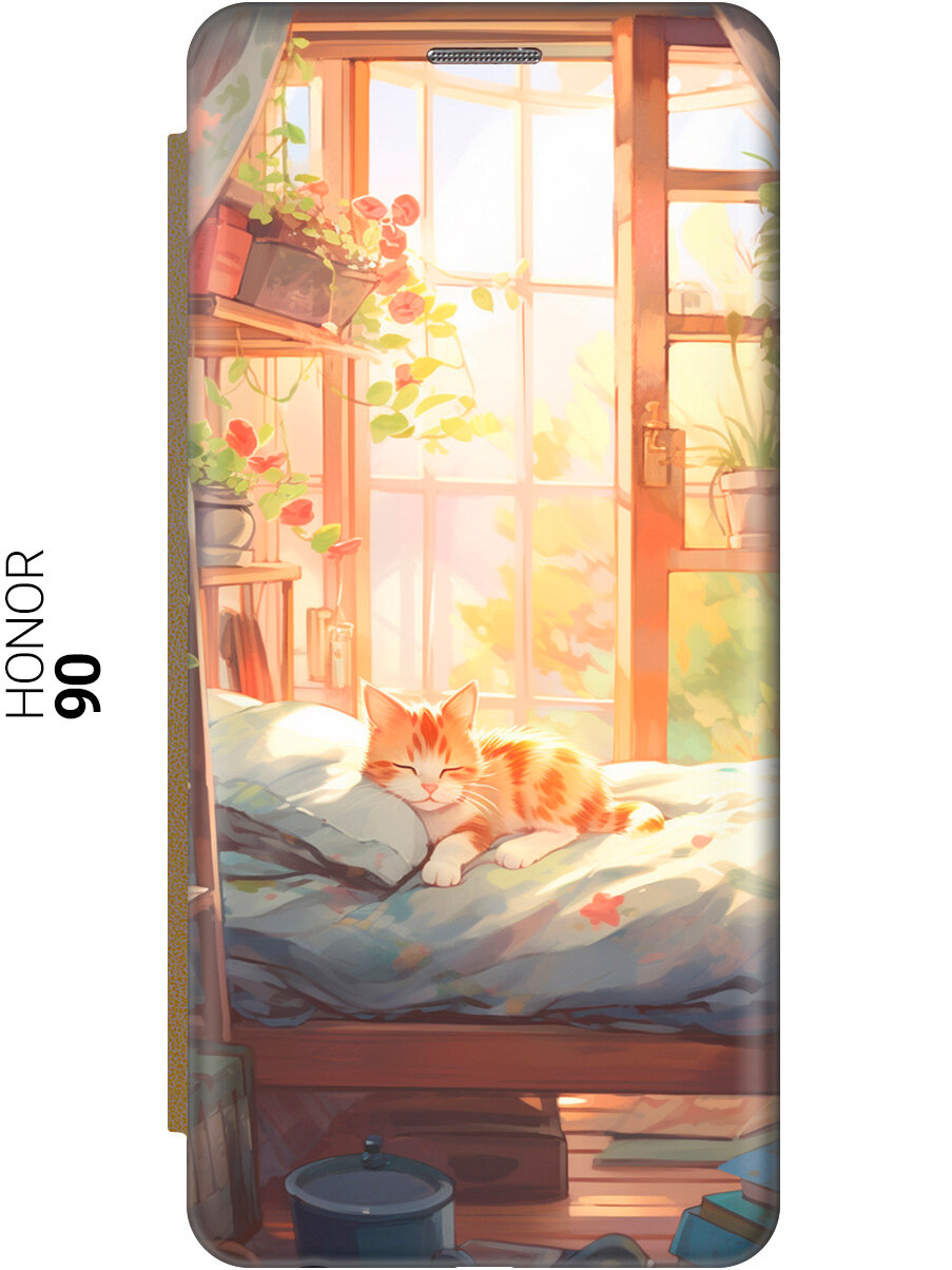 Чехол-книжка на Honor 90 / Хонор 90 с рисунком "Котик в лучах солнца" золотистый