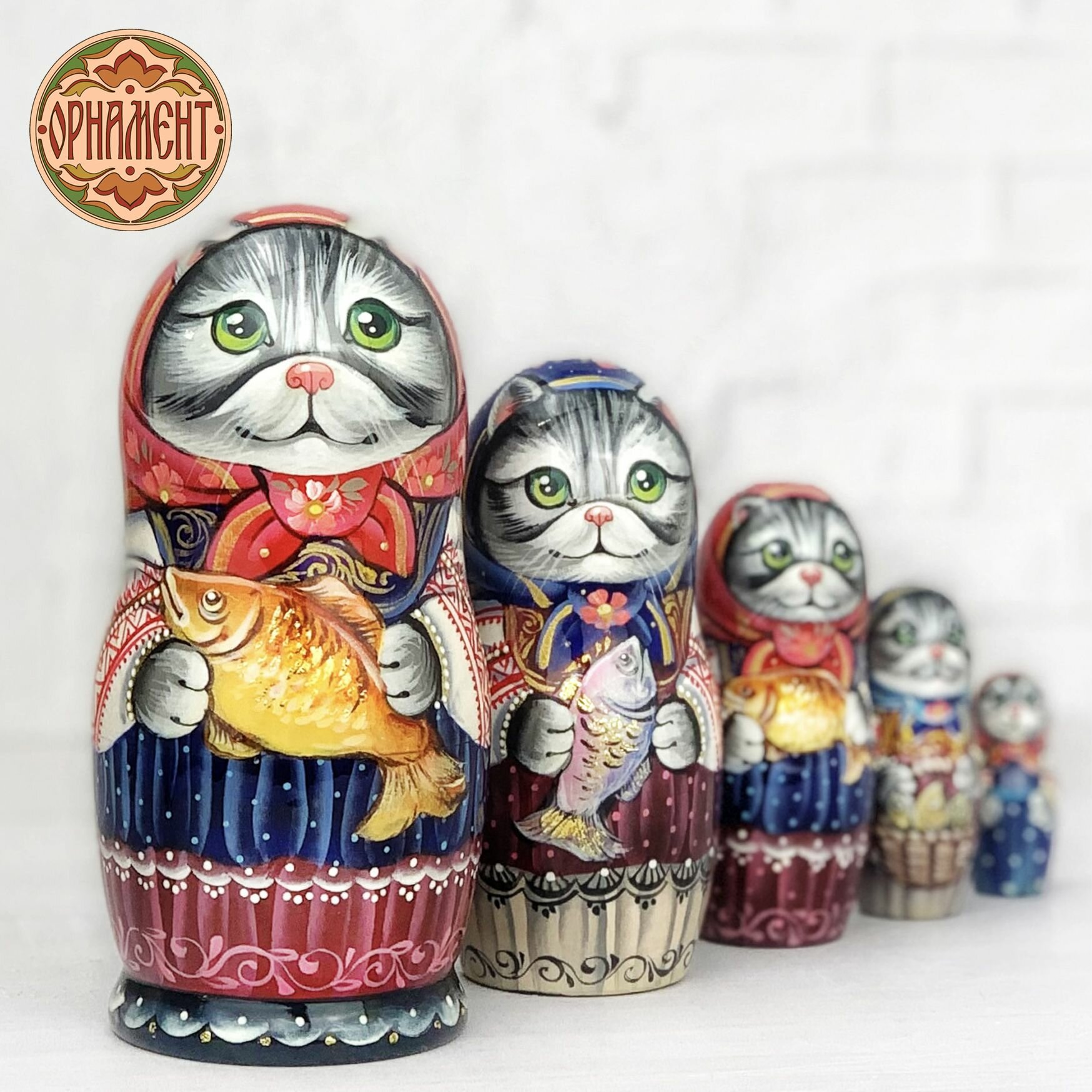 Матрешка деревянная детская Кот-рыбак 5 места развивающая игрушка 12 см Орнамент