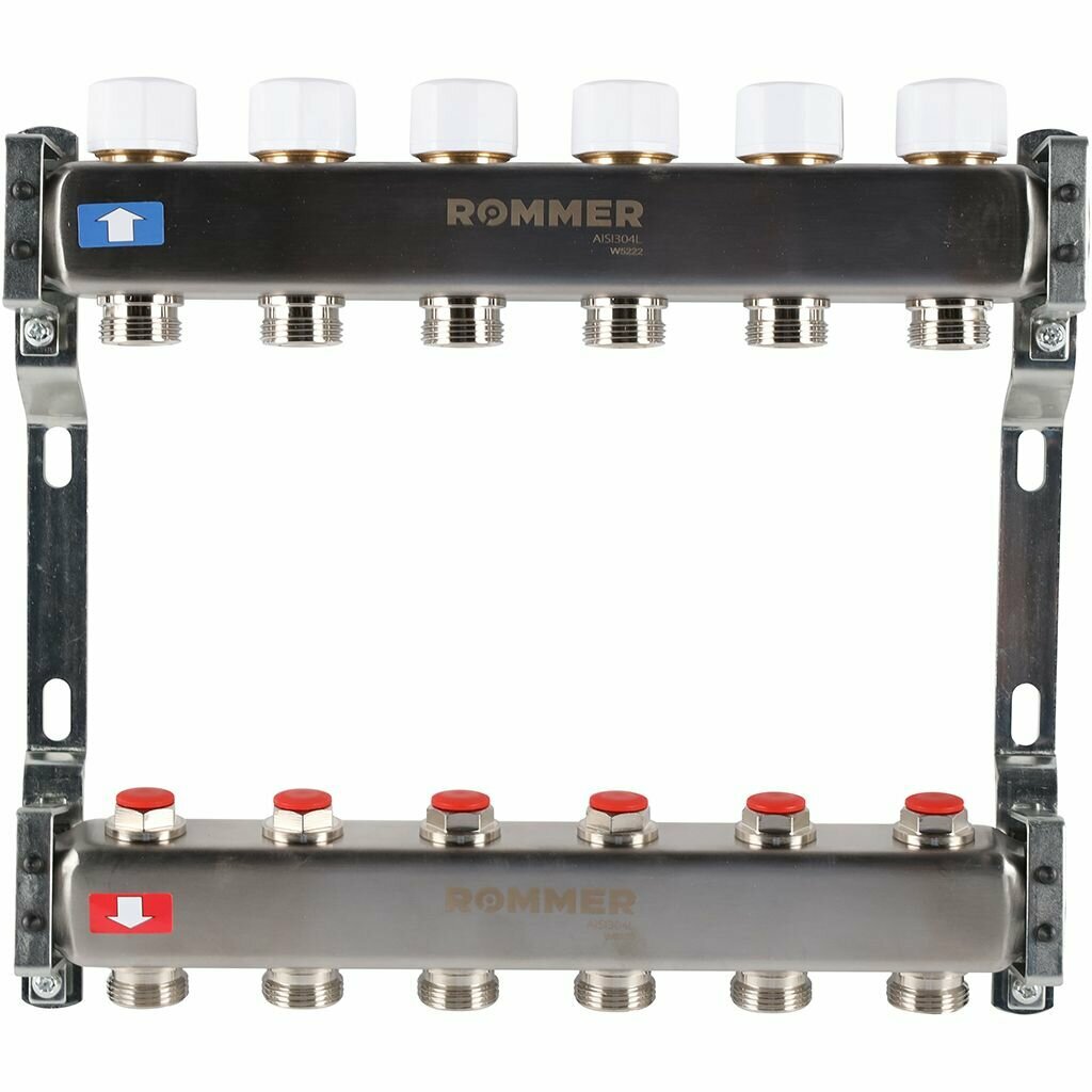 Коллектор для теплого пола ROMMER RMS-3200-000006 из нержавеющей стали без расходомеров 6 вых.