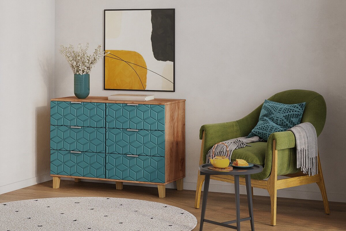 Комод МебельЛэнд24 Марвин 7 фрезеровка 2 Аквамарин 140x40x80 синий с 6 ящиками