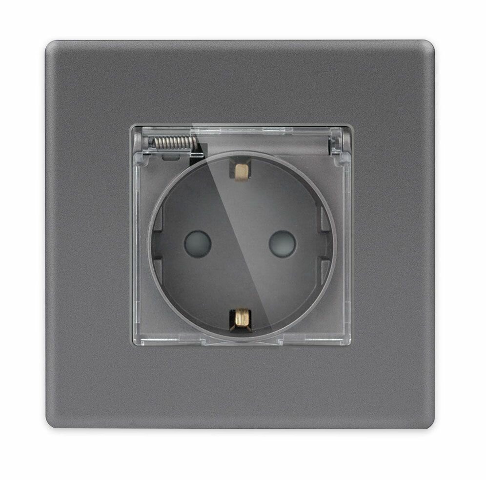 Розетка c крышкой, IP44 1 пост 16А рамка 86х86мм пластик, цвет серый