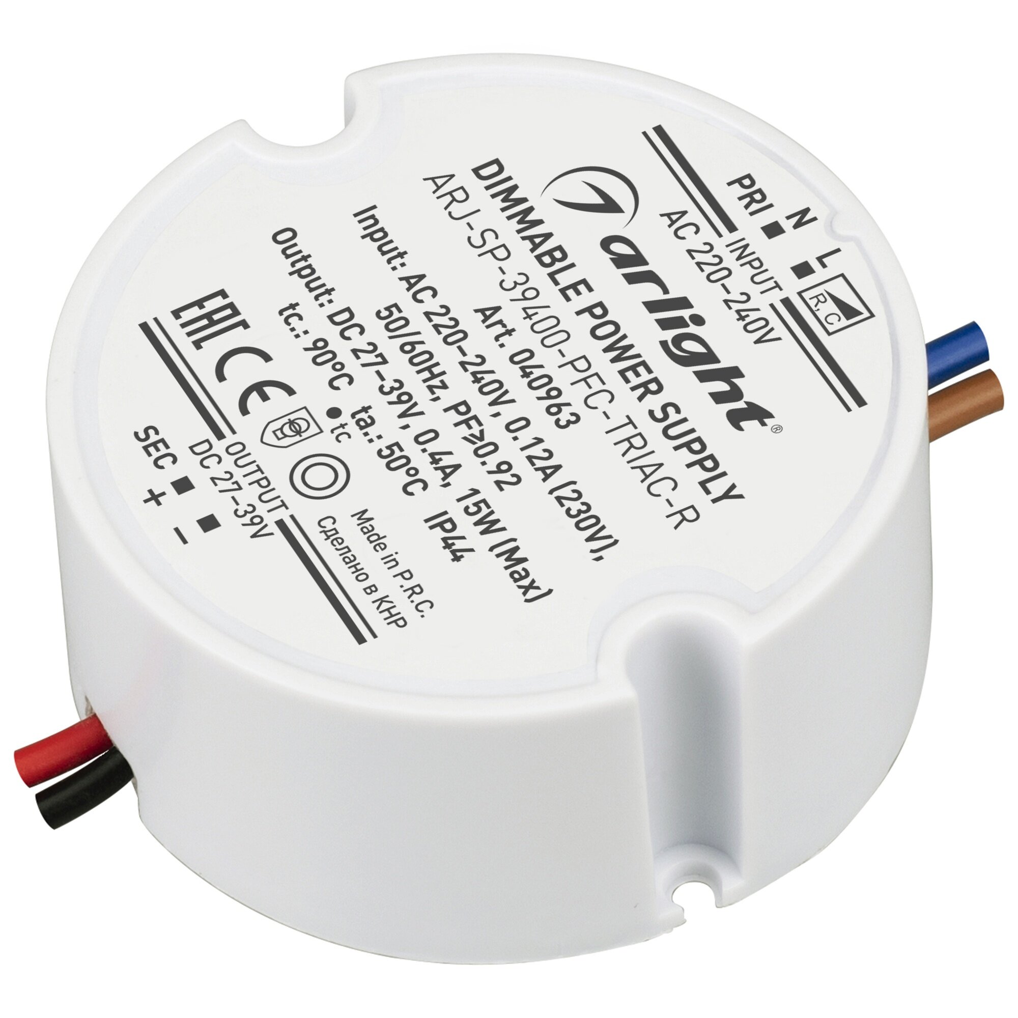 Блок питания ARJ-SP-39400-PFC-TRIAC-R (15W, 27-39V, 400mA) (Arlight, IP44 Пластик, 5 лет) 040963